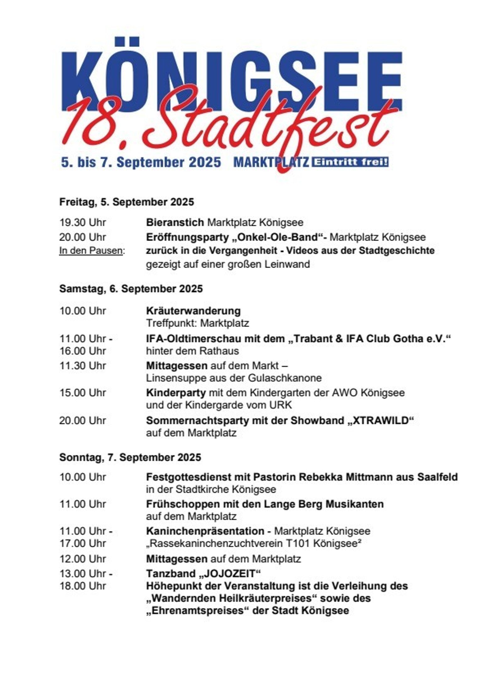Programm für das diesjährige Stadtfest steht | Königsee